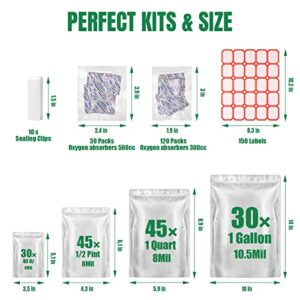 10.5 Mil 150 Mylar Bags for Food Storage with Oxygen Absorbers 500cc & 300cc, Mylar Bags 1 Gallon, 1 Quart, 1/2 Pint, 40 Oz, Stand-Up Zipper Resealable Bags & Heat Sealable Food Storage Bags + Labels