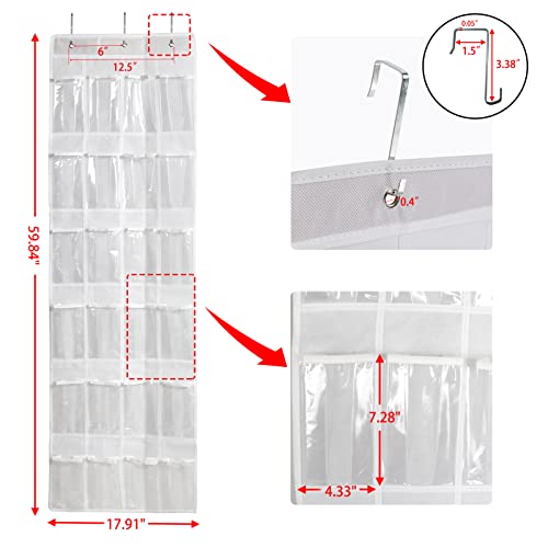 Over The Cabinet Door Organizer with 24 Clear Pockets, 60x18 inch Behind The Pantry Door Storage Organizer, Back of Bathroom Door Storage Organizer, White