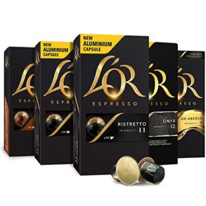 l’or espresso capsules, 50 count intense variety pack, single-serve aluminum coffee capsules compatible with the l’or barista system & nespresso original machines