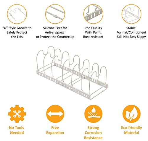 COZIMORE Pots and Pans Organizer,Pan Organizer rack for cabinet, and Rack Organizer with 7 dividers,Dish Rack for Cabinets, Lid Organizer, Cabinet Organizer WHITE