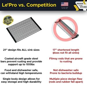 LeProMat Kitchen Large 20.5” Roll Up Dish Drying Rack & Trivet – Over The Sink Dish Drying Rack - Heavy Duty Silicone Wrapped Steel Rods – Premium Roll Up Sink Drying Rack and Dish Rack – Black Rack