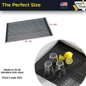 LeProMat Kitchen Large 20.5” Roll Up Dish Drying Rack & Trivet – Over The Sink Dish Drying Rack - Heavy Duty Silicone Wrapped Steel Rods – Premium Roll Up Sink Drying Rack and Dish Rack – Black Rack