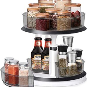 Yesland 2-Tier Lazy Susan Turntable with Large Bin and 3 Dividers, 11'' Height Adjustable Cabinet and Spice Rack Organize for Kitchen Pantry Snack Fruit Makeup(Black)