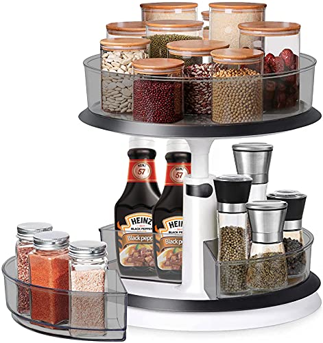 Yesland 2-Tier Lazy Susan Turntable with Large Bin and 3 Dividers, 11'' Height Adjustable Cabinet and Spice Rack Organize for Kitchen Pantry Snack Fruit Makeup(Black)