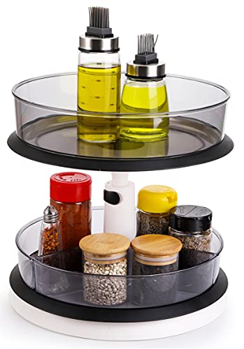 Yesland 2-Tier Lazy Susan Turntable with Large Bin and 3 Dividers, 11'' Height Adjustable Cabinet and Spice Rack Organize for Kitchen Pantry Snack Fruit Makeup(Black)