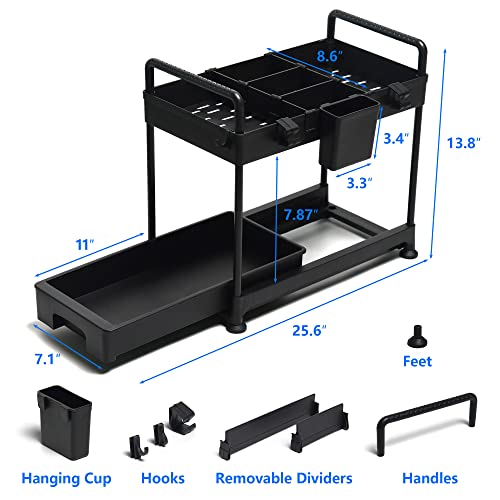 MZF Under Sink Organizer and Storage, 2 Tier Sliding Under Bathroom Cabinet Storage Drawer Organizer with Hooks and Cups, Multi-purpose Under Sink Shelf Organizer for Bathroom Kitchen, Black