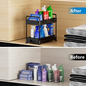 MZF Under Sink Organizer and Storage, 2 Tier Sliding Under Bathroom Cabinet Storage Drawer Organizer with Hooks and Cups, Multi-purpose Under Sink Shelf Organizer for Bathroom Kitchen, Black