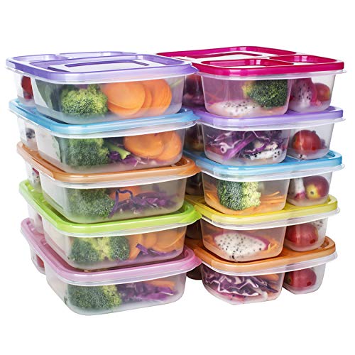 DOURA Meal Prep Containers 3 Compartment Food Storage Reusable Plastic Bento Microwavable Lunch Boxes with Lids BPA-Free 10-Pack,Stackable Dishwasher & Freezer Safe,Portion Control,32oz