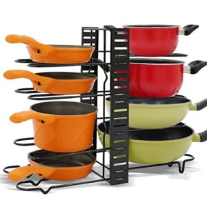 crevary pots and pans organizer for cabinet, upgrade anti-skid, 8 tier pot rack with 3 diy methods, adjustable pan organizer rack, pot organizer for kitchen organization & storage, pot lid organizer