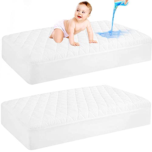 GRT 2 Pack Waterproof Crib Mattress Protector, Quilted Baby Mattress Cover Fitted Deep Pocket from 4" up to 9", Extra Soft Breathable & Noiseless Toddler Mattress Pad 52"x28", White