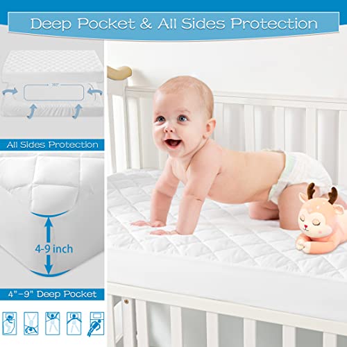 GRT 2 Pack Waterproof Crib Mattress Protector, Quilted Baby Mattress Cover Fitted Deep Pocket from 4" up to 9", Extra Soft Breathable & Noiseless Toddler Mattress Pad 52"x28", White