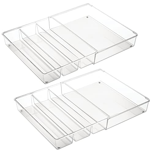 mDesign Plastic Adjustable/Expandable Divided Drawer Storage Organizer with 4 Compartments for Kitchen Pantry, Cupboard, Cabinet, Hold Silverware, Utensils, Cutlery - Ligne Collection - 2 Pack - Clear