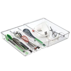 mDesign Plastic Adjustable/Expandable Divided Drawer Storage Organizer with 4 Compartments for Kitchen Pantry, Cupboard, Cabinet, Hold Silverware, Utensils, Cutlery - Ligne Collection - 2 Pack - Clear