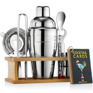 mixology bartender kit with stand | silver bar set cocktail shaker set for drink mixing – bar tools: martini shaker, jigger, strainer, bar mixer spoon, tongs, opener | new bartender gift idea