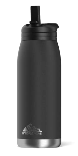 Hydrapeak Flow 32oz Insulated Water Bottle with Straw Lid | Double Wall Vacuum Insulated Stainless Steel Water Bottles, BPA-Free and Leak-Proof, Wide Mouth Flask with Bite Straw and Handle (Black)