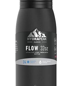 Hydrapeak Flow 32oz Insulated Water Bottle with Straw Lid | Double Wall Vacuum Insulated Stainless Steel Water Bottles, BPA-Free and Leak-Proof, Wide Mouth Flask with Bite Straw and Handle (Black)