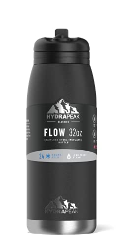 Hydrapeak Flow 32oz Insulated Water Bottle with Straw Lid | Double Wall Vacuum Insulated Stainless Steel Water Bottles, BPA-Free and Leak-Proof, Wide Mouth Flask with Bite Straw and Handle (Black)