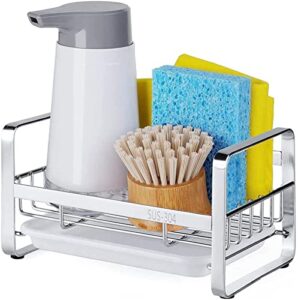 hulisen kitchen sink sponge holder, 304 stainless steel kitchen soap dispenser caddy organizer, countertop soap dish rack drainer with removable drain tray, not including dispenser and brush