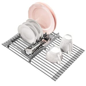 emierai upgraded roll up dish drying rack(17.1” x 13.1”) over sink dish drainer foldable stainless steel trivet for kitchen countertop