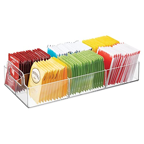 mDesign Compact Plastic Tea Storage Organizer Caddy Tote Bin - 6 Divided Sections, Built-in Handles - Holder for Tea Bags, Packets, Sweeteners and Small Packets, BPA free - Clear