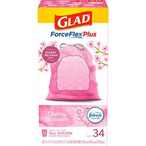 glad forceflexplus tall kitchen drawstring trash bags, 13 gallon trash bag, febreze cherry blossom, 34 count