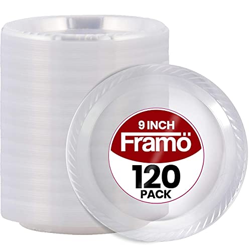 9 Inch Disposable Clear Plastic Plates In Bulk By Framo for Party and Dinner,And For Any Occasion, Microwaveable, BBQ, Travel, and Events (9 Inch 120 pack)