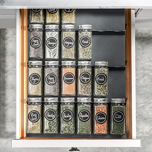 Kitsure Spice Rack, Spice Drawer Organizer with 24 Spice Jars, 216 Spice Labels and Chalk Marker, 4 Tier Seasoning Rack Tray Insert for Kitchen Drawers, 11.8" Wide x 1.18" Deep