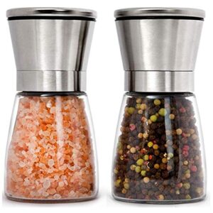 home ec premium stainless steel salt and pepper grinder set of 2 – adjustable ceramic sea salt grinder & pepper grinder – glass salt and pepper shakers – pepper mill & salt mill w/funnel & ebook