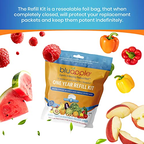 Bluapple Produce Saver Refill Kit - Keep Fruits and Vegetables Fresh Longer, 8 Veggie and Fruit Saver Packets, Each Packet Lasts up to 3 Months, Ethylene Gas Absorber, Made in USA