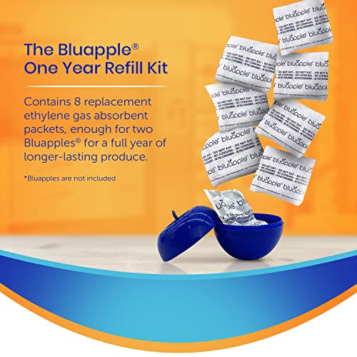 Bluapple Produce Saver Refill Kit - Keep Fruits and Vegetables Fresh Longer, 8 Veggie and Fruit Saver Packets, Each Packet Lasts up to 3 Months, Ethylene Gas Absorber, Made in USA