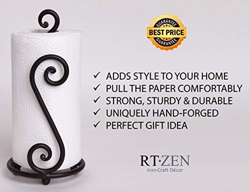 Fancy Paper Towel Holder Stand | Black Stylish Wrought Iron | Classic Decorative Countertop Authentic Rod Metal Hand Forged Stand Up Holder | Handmade Crafted by RTZEN-Décor