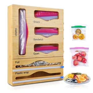 foil and plastic wrap organizer with ziplock bag organizer – evdekoru 6 in 1 bamboo aluminum foil dispenser with cutter for kitchen drawer, plastic food bag organizer for gallon,quart,sandwich