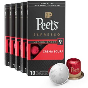 peet’s coffee, medium roast espresso capsules compatible with nespresso original machine, crema scura intensity 9, 50 count (5 boxes of 10 espresso pods)