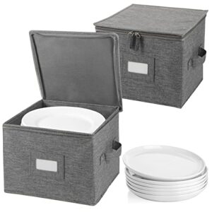 popoly china storage containers inside 12″ w x 8″ h, dinnerware storage box for dishes plate storage with 24 felt dividers, hold 24 plates, hard shell and stackable (2 pack grey)