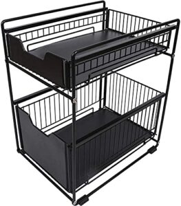 cbyjk stackable 2-tie under sink cabinets organizer with sliding storage drawer, under sink, pull out cabinets organizer shelf, sliding basket organizer drawer for kitchen, bathroom, office, black