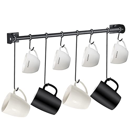 SIMVE Coffee Mug Rack Wall Mounted,Modern Hanging Tea Cup Holder,Metal 15.7" Rail with 8 Utensil Hooks,Rustic Storage Hanger for Cafe Bar,Dining,Corner Nook,Matte Black