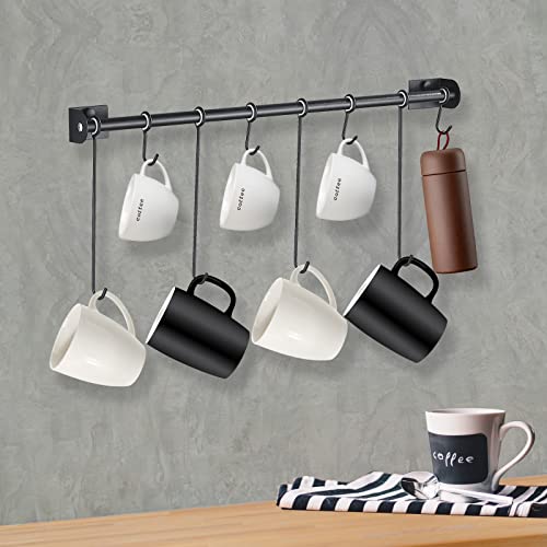 SIMVE Coffee Mug Rack Wall Mounted,Modern Hanging Tea Cup Holder,Metal 15.7" Rail with 8 Utensil Hooks,Rustic Storage Hanger for Cafe Bar,Dining,Corner Nook,Matte Black