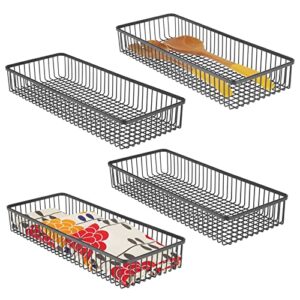 mdesign metal farmhouse kitchen cabinet drawer organizer basket tray, shallow storage bin for cutlery, serving spoons, cooking utensils, appliances, gadgets, unity collection, 15″ long, 4 pack, black