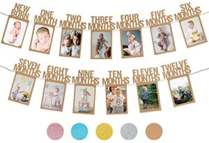 partyhooman 1st birthday photo banner for baby from newborn to 12 months, first birthday decorations boy or girl monthly milestones garland | first birthday photo banner pre-strung with frame (kraft)