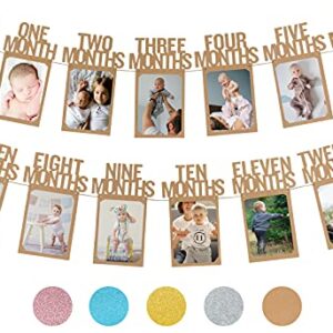 PartyHooman 1st Birthday Photo Banner for Baby from Newborn to 12 Months, First Birthday Decorations Boy or Girl Monthly Milestones Garland | First Birthday Photo Banner Pre-strung with Frame (Kraft)