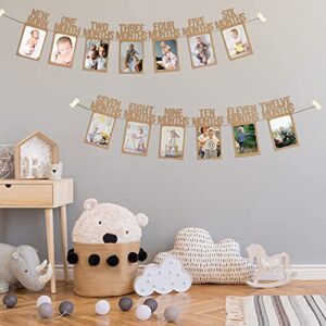 PartyHooman 1st Birthday Photo Banner for Baby from Newborn to 12 Months, First Birthday Decorations Boy or Girl Monthly Milestones Garland | First Birthday Photo Banner Pre-strung with Frame (Kraft)