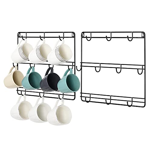 MOOACE Mug Rack Cup Holder, 3-Tier Metal Wall Mounted Coffee Mug Storage Rack with 10 Hooks, Cup Display Organizer for Coffee Mugs, Tea Cups and Mason Jars, Set of 2