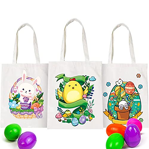 Sakmilu Easter Tote Bags for Kids, 3 PCS Large Cotton Bunny Egg Canvas with Handle, Reusable Grocery Shopping Gift Goodie Eggs Hunt, Basket, Party Favor Supplies White