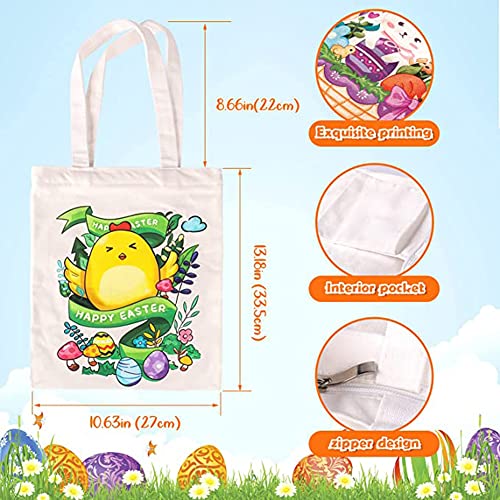 Sakmilu Easter Tote Bags for Kids, 3 PCS Large Cotton Bunny Egg Canvas with Handle, Reusable Grocery Shopping Gift Goodie Eggs Hunt, Basket, Party Favor Supplies White