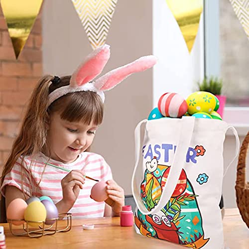 Sakmilu Easter Tote Bags for Kids, 3 PCS Large Cotton Bunny Egg Canvas with Handle, Reusable Grocery Shopping Gift Goodie Eggs Hunt, Basket, Party Favor Supplies White