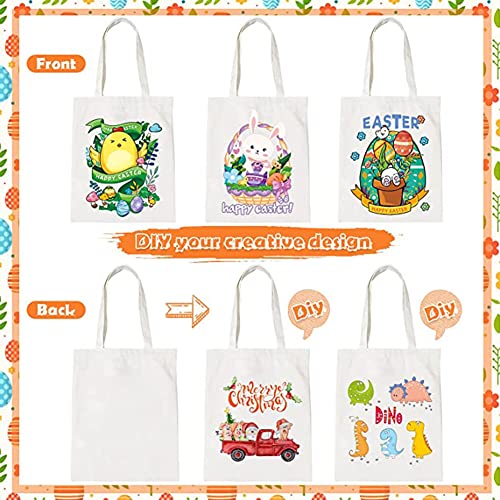 Sakmilu Easter Tote Bags for Kids, 3 PCS Large Cotton Bunny Egg Canvas with Handle, Reusable Grocery Shopping Gift Goodie Eggs Hunt, Basket, Party Favor Supplies White