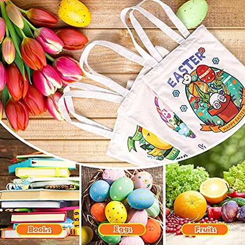 Sakmilu Easter Tote Bags for Kids, 3 PCS Large Cotton Bunny Egg Canvas with Handle, Reusable Grocery Shopping Gift Goodie Eggs Hunt, Basket, Party Favor Supplies White