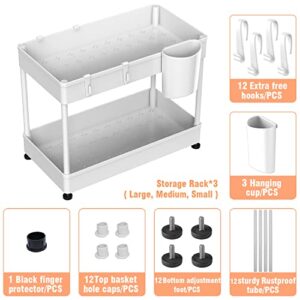 3 Pack Under Sink Organizers and Storage,2 Tier Under the Sink Organizer with 12 Hooks and 3 Cups,ABS Material Multi-purpose Under Cabinet Organizers and Storage for Bathroom Kitchen Laundry Room