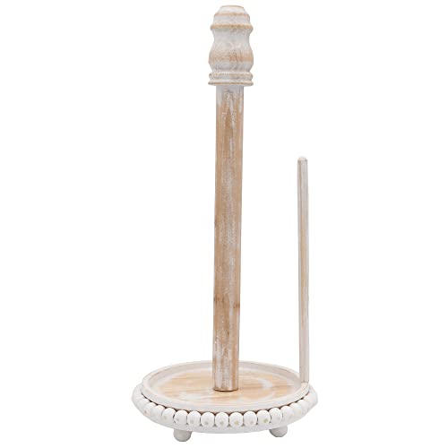 AuldHome Farmhouse Paper Towel Holder (Whitewashed); Wooden Beaded Rustic Disposable Towel Dispenser for Countertop