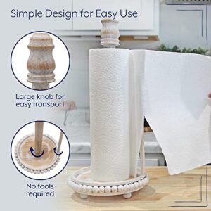 AuldHome Farmhouse Paper Towel Holder (Whitewashed); Wooden Beaded Rustic Disposable Towel Dispenser for Countertop